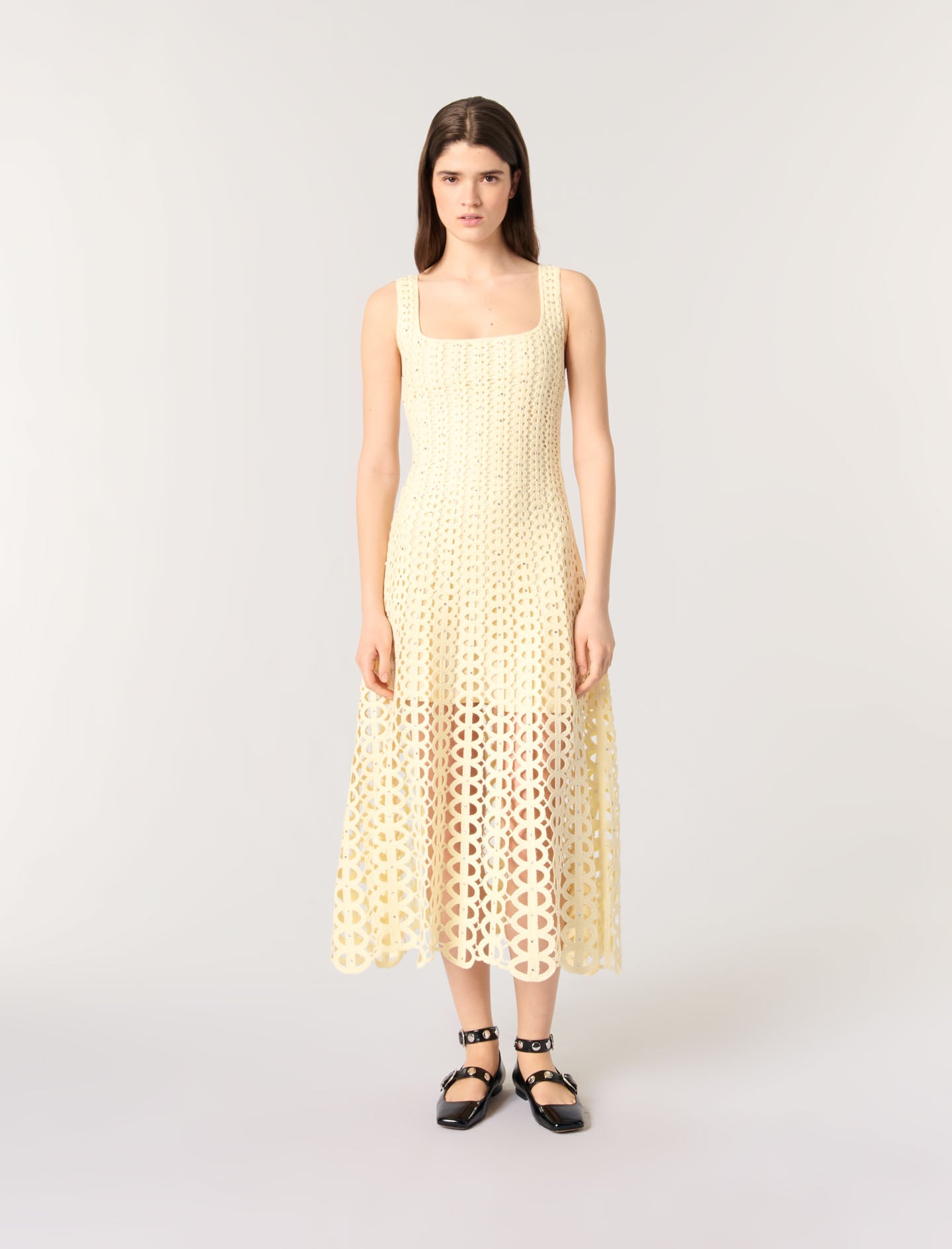 Robe midi en crochet strassé jaune / orange pour femme | Maje